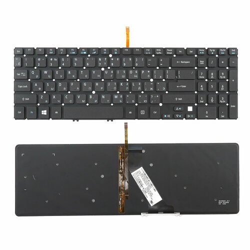 Клавиатура для ноутбука Acer V5-531, V5-571 черная без рамки, с подсветкой, плоский Enter