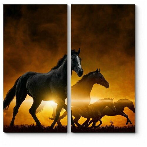 Модульная картина Бегущие лошади на фоне закатных облаков 110x110