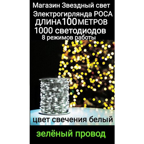 Электрогирлянда интерьерная Роса Светодиодная 1000 ламп, 100м белая