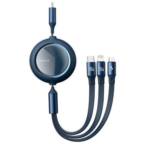 Кабель для передачи данных / быстрой зарядки /Провод Рулетка/Baseus Bright Mirror One-for-three Retractable Data Cable Type-C to M+L+C 1.2m 100W Blue