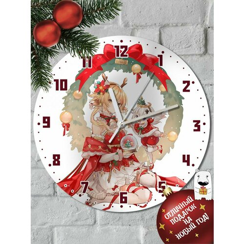 Настенные часы УФ "Новый год Геншин импакт (Люмин, Паймон, genshin impact, рождественский венок) - 6062"