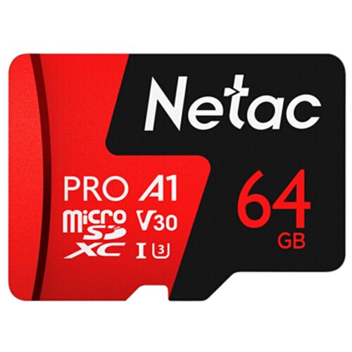 Карта памяти Netac microSDXC 64 ГБ Class 10, V30, A1, UHS-I U3, R 100 МБ/с, 1 шт., черный/красный