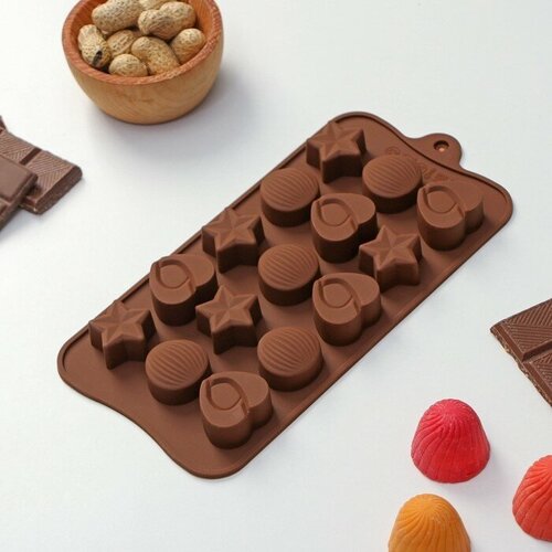 Форма для шоколада Доляна «Звёзды, ракушки, сердца», силикон, 20,6×10,3 см, 15 ячеек, цвет коричневый