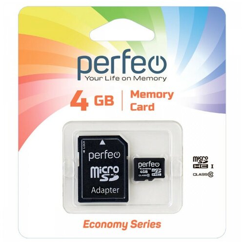 Карта памяти Perfeo microSDHC 4 ГБ Class 10, UHS-I, W 10 МБ/с, адаптер на SD, 1 шт., черный