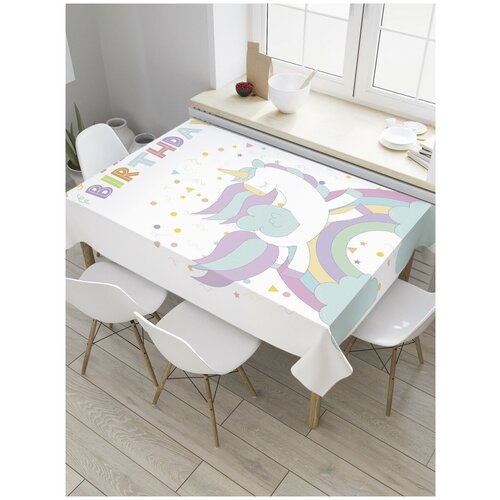 Скатерть прямоугольная JoyArty на кухонный стол "День рождения единорога" из оксфорда, 120x145 см
