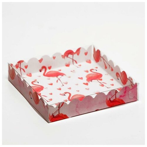 Коробочка для печенья с PVC крышкой, "Фламинго", белый, 15x15x3 см