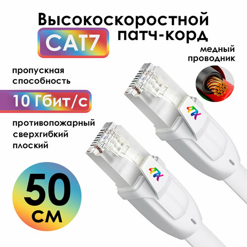 Кабель сетевой FTP CAT7 10 Гбит/с плоский для XBOX PS5 PS4 модема (4PH-L305) белый 0.5м