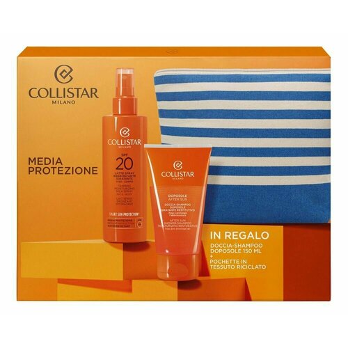 Collistar Набор для суперзагара /Tanning Moisturizing Milk Spray spf20 200 ml + After-sun Shower Shampoo 150 ml + Сумочка