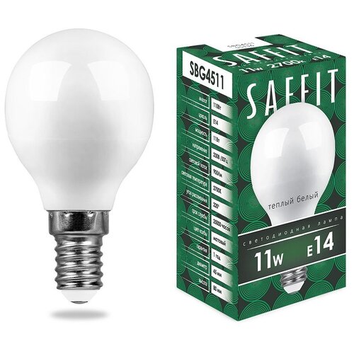 Лампа светодиодная Saffit SBG4511 55136, E14, G45, 11 Вт, 2700 К
