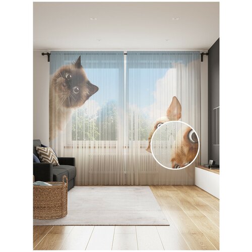 Тюль для кухни и спальни JoyArty "Животное любопытство", 2 полотна со шторной лентой шириной по 145 см, высота 265 см.