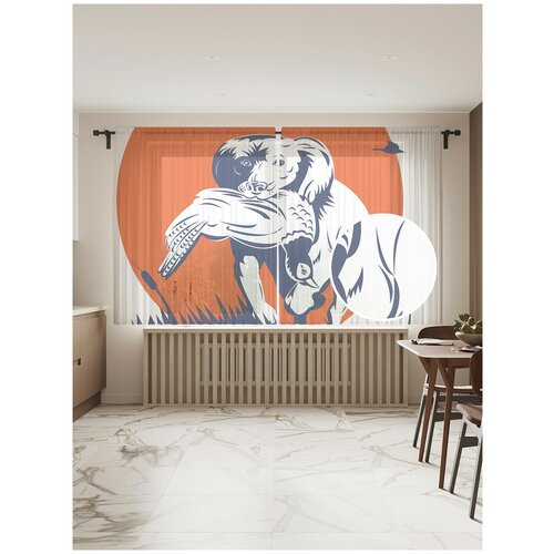 Тюль для кухни и спальни JoyArty "Пес с добычей", 2 полотна со шторной лентой шириной по 145 см, высота 180 см.