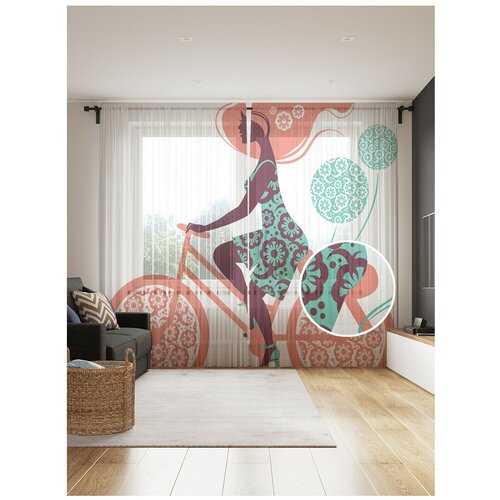 Тюль для кухни и спальни JoyArty "Девушка в узорах", 2 полотна со шторной лентой шириной по 145 см, высота 265 см.