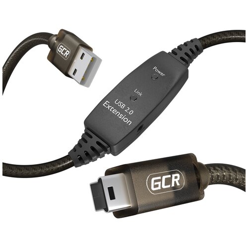 Кабель GCR активный 10 метров USB 2.0, AM/mini 5P, черно-прозрачный, с усилителем сигнала, разъём для доп. питания, (7753810)