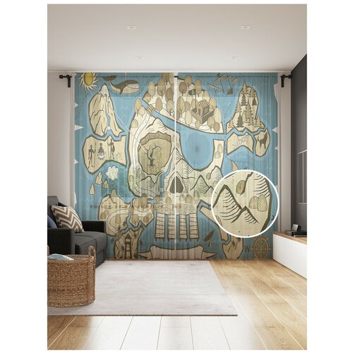 Тюль для кухни и спальни JoyArty "Египетская карта сокровищ", 2 полотна со шторной лентой шириной по 145 см, высота 265 см.