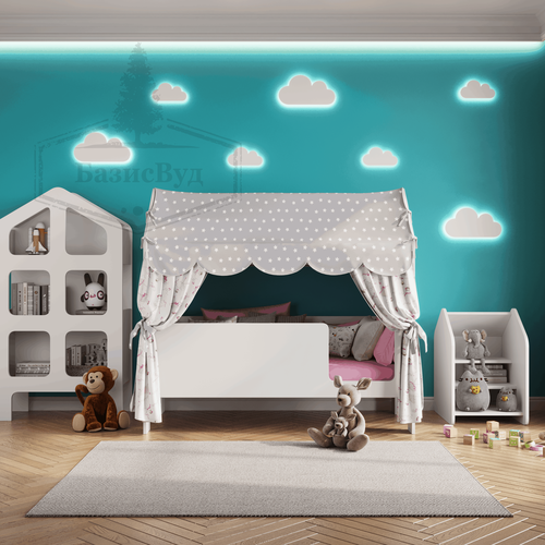 Кровать детская домик с текстилем (серый с принцессами, вход справа) "Базовый"