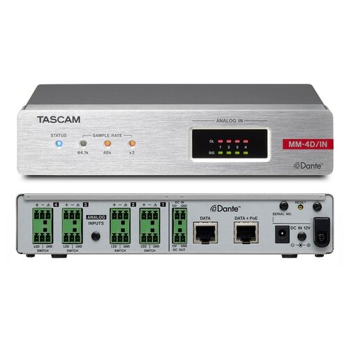 Tascam MM-4D/IN-E Dante-Analogue конвертор с DSP Mixer, 4 MIC(+48V)/LIN входа с разъёмами EUROBLOCK, питание PoE (Power over Ethernet) или опционально адаптер PS-P1220E в комплект не входит.
