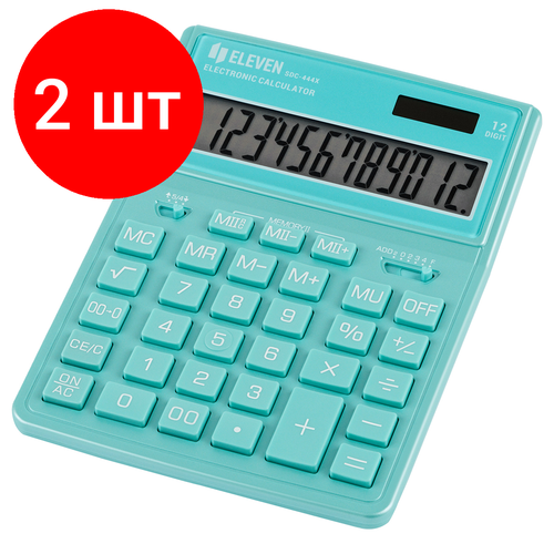 Комплект 2 шт, Калькулятор настольный Eleven SDC-444X-GN, 12 разрядов, двойное питание, 155*204*33мм, бирюзовый