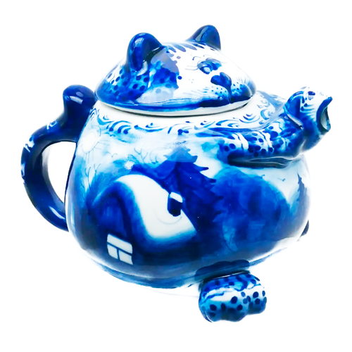 Фарфоровый заварочный чайник "Кот", гжель деревенька