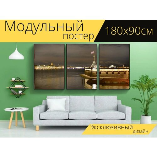 Модульный постер "Санктпетербург, река, история" 180 x 90 см. для интерьера