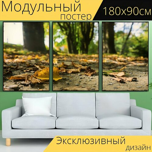 Модульный постер "Падение, листья, золотая осень" 180 x 90 см. для интерьера