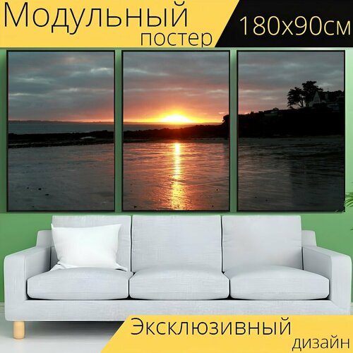 Модульный постер "Заход солнца, океан, бретань" 180 x 90 см. для интерьера