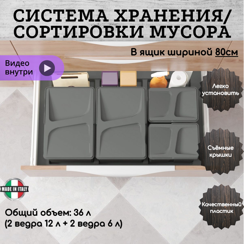 Вёдра в ящик для раздельной сортировки в ящик 80см Тёмно-серый
