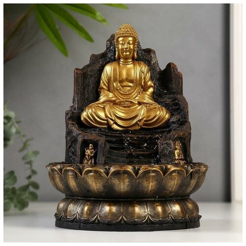 Фонтан настольный от сети, подсветка "Золотой Будда на троне из скалы" 28х20.5х20.5 см