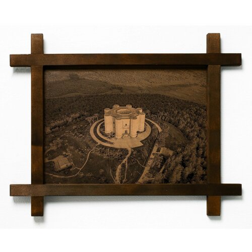 Картина Замок-Кастель-дель-Монте, Италия, гравировка на натуральной коже в деревянной раме, подарок, BoomGift