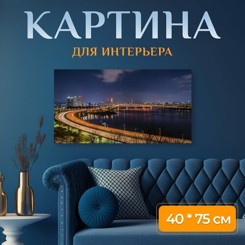 Картина на холсте "Ночная точка зрения, река, город" на подрамнике 75х40 см. для интерьера