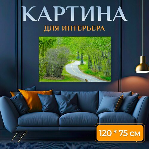 Картина на холсте "Скамейка, дорога, деревья" на подрамнике 120х75 см. для интерьера