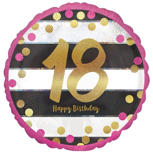 Воздушный шар фольгированный Happy Birthday 18 Полосы черн-белый голографический, 45 см