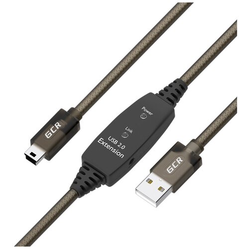 Активный кабель USB 2.0 Mini USB с усилителем сигнала + разъём для доп. питания LED-индикаторы (GCR-UMa5) черный; прозрачный 10.0м