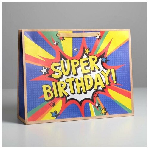 Пакет крафтовый горизонтальный Super birthday, L 40x31x11.5 см