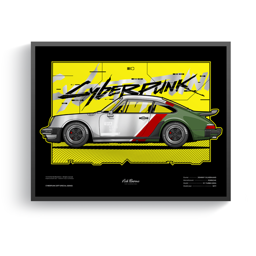 Плакат, картина, постер с авто в раме «Cyberpunk 2077» Porsche 911 Turbo (930) / плакат на стену (40х50см)