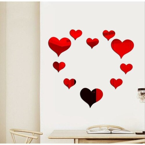 Декор настенный Сердца, зеркальный, 10 элементов,14 х 15 см, 9 х 10 см, красный