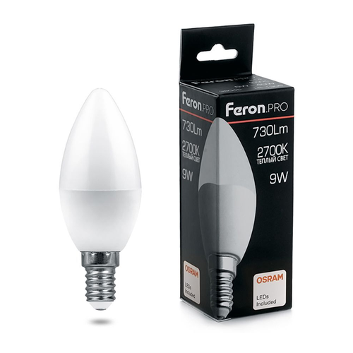 Лампа светодиодная LED 9вт Е14 теплый матовая свеча Feron.PRO | код 38059 | FERON ( 1шт )