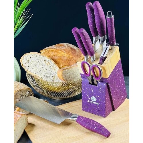 Набор кухонных ножей на подставке из 9 предметов фиолетовый мрамор