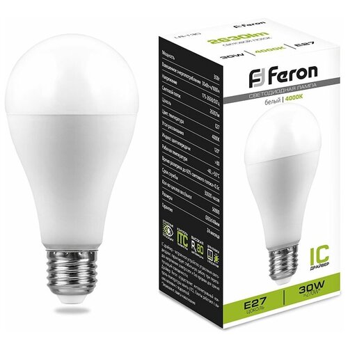 38195 Лампа светодиодная Feron 30W=270W 170-265V E27 Груша A80 2630Лм Ra>80 4000К, упаковка 1шт