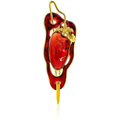 Amberholl Роскошная яркая заколка из позолоченного серебра и красного янтаря «Версаль»