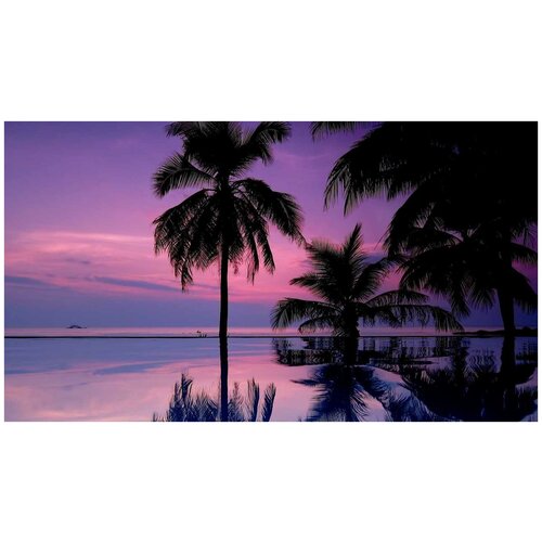 Картина на холсте 60x110 LinxOne "Пальмы на фиолетовом закате" интерьерная для дома / на стену / на кухню / с подрамником