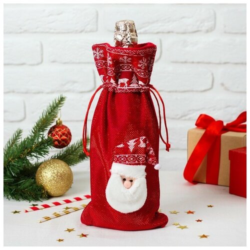 Чехол на бутылку «Дед Мороз колпак с рисунком» на завязках