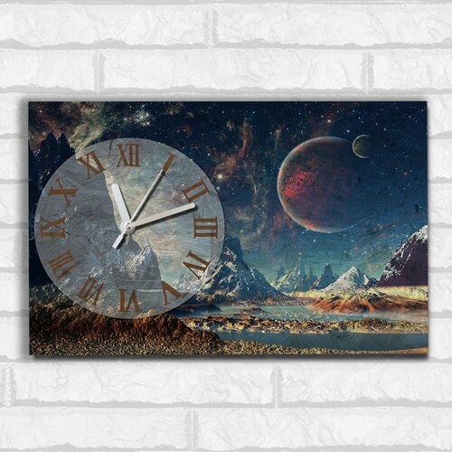 Настенные бесшумные часы ОСБ со смещенным циферблатом Космос земля (ночь, Луна, Звезды, милота, Подарок для мамы, бабушки сестры, подруге) - 884