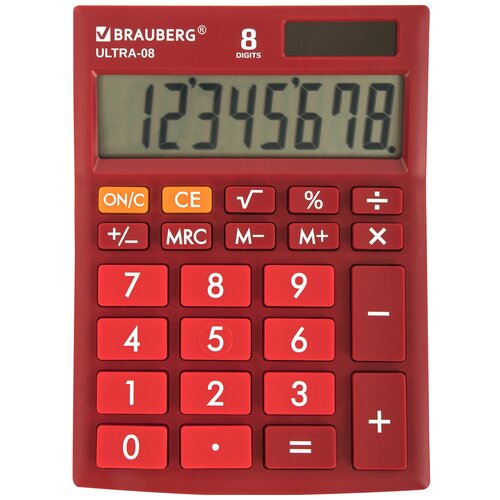 Калькулятор настольный Brauberg Ultra-08-WR, компактный, 154x115 мм, 8 разрядов, двойное питание, бордовый