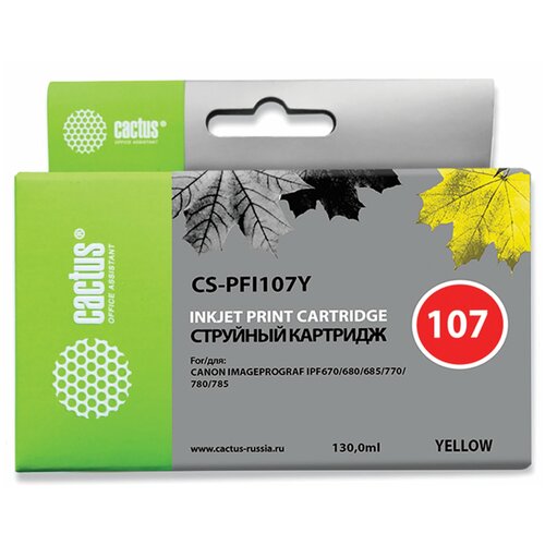 Картридж совм. Cactus PFI107Y желтый для Canon IP iPF670/iPF680/iPF685/iPF770/iPF780 (130мл), цена за штуку, 308309