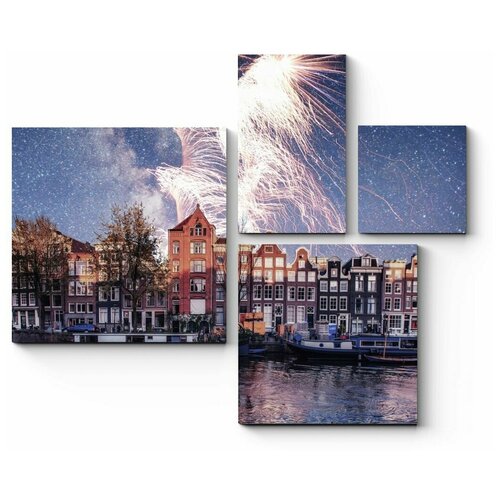 Модульная картина Яркий фейерверк в ночном небе Амстердама 122x102