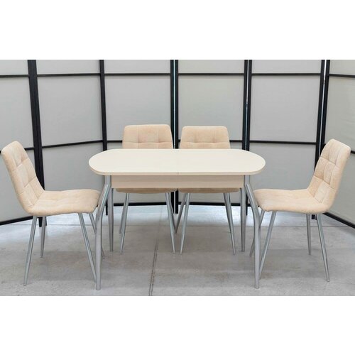 Обеденная группа Гала Кватро, стол матовое стекло, 110(140)х70 см, обивка стульев антивандальная, моющаяся, антикоготь, цвет - крем