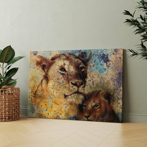 Картина на холсте (лев львица и гуашь рисунок) 20x30 см/для интерьера/в комнату/на стену/в подарок