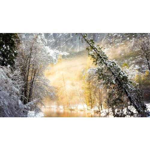 Картина на холсте 60x110 Альянс Лес "Свет природа лес зима туман" на подрамнике / интерьер/ декор
