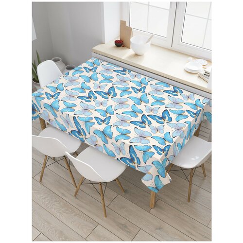 Прямоугольная тканевая скатерть на стол JoyArty с рисунком "Голубые бабочки" 120 на 145 см