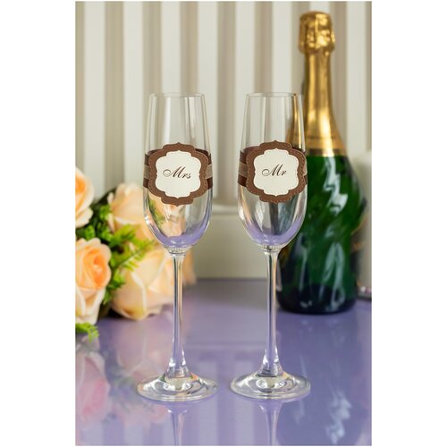 Свадебные фужеры для шампанского "Коричневый стиль" с атласными лентами шоколадного цвета и фигурными табличками, 2 штуки